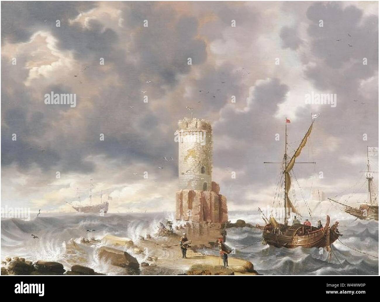Cornelis Mahu - Fantastic harbor with lighthouse Stock Photo - Alamy