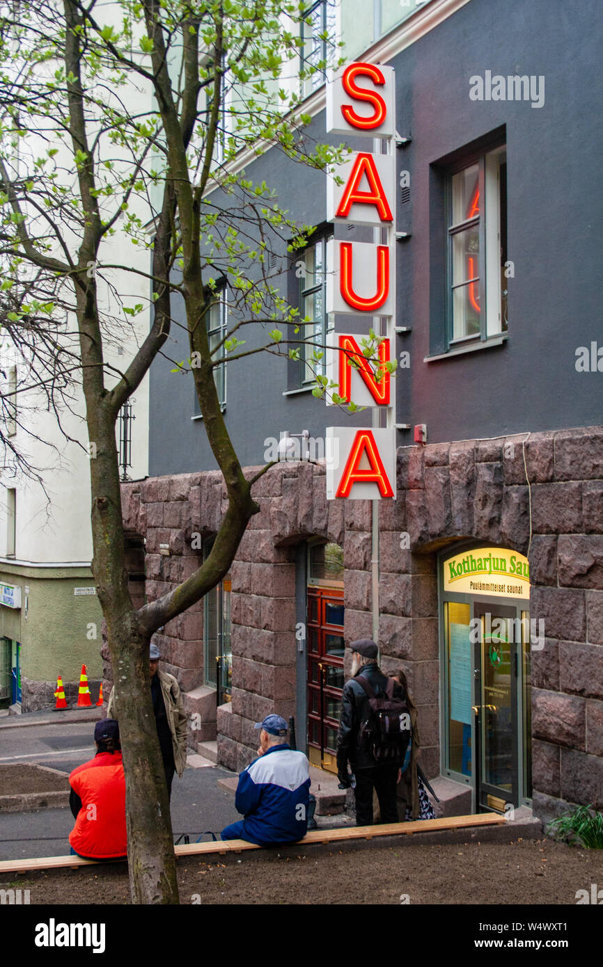 Red retro neon sign of a public sauna in Helsinki, The Kotiharju Sauna ...