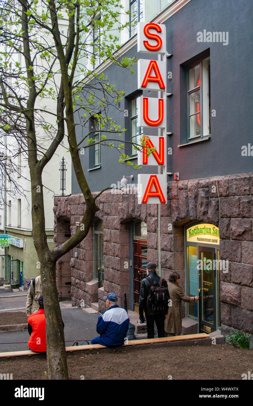 Red retro neon sign of a public sauna in Helsinki, The Kotiharju Sauna ...