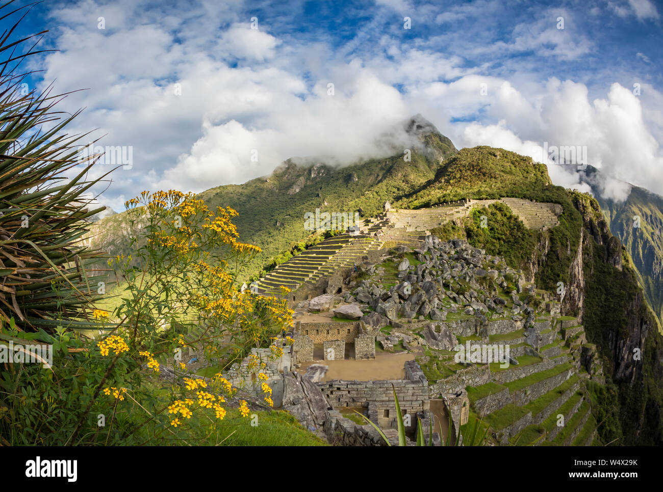 Terraces and sky with clouds of Machu Picchu Stock Photo - Alamy