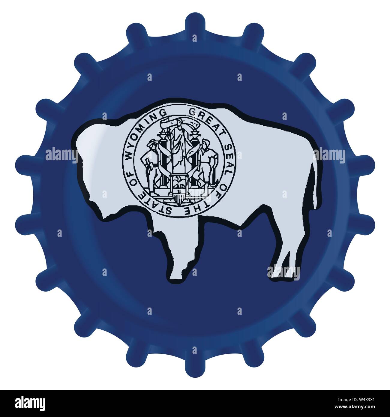 A typical metal glass bottle cap in Wyoming state flag colors isolated ...