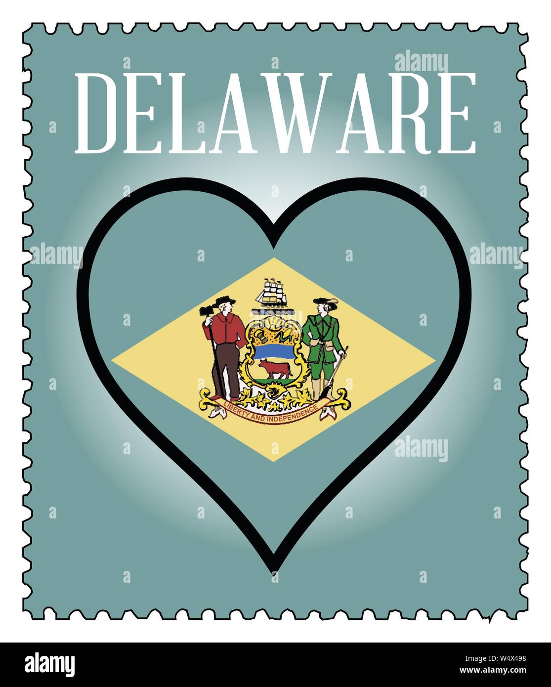 A postage stamp with a love Delaware heart and flag over a white ...