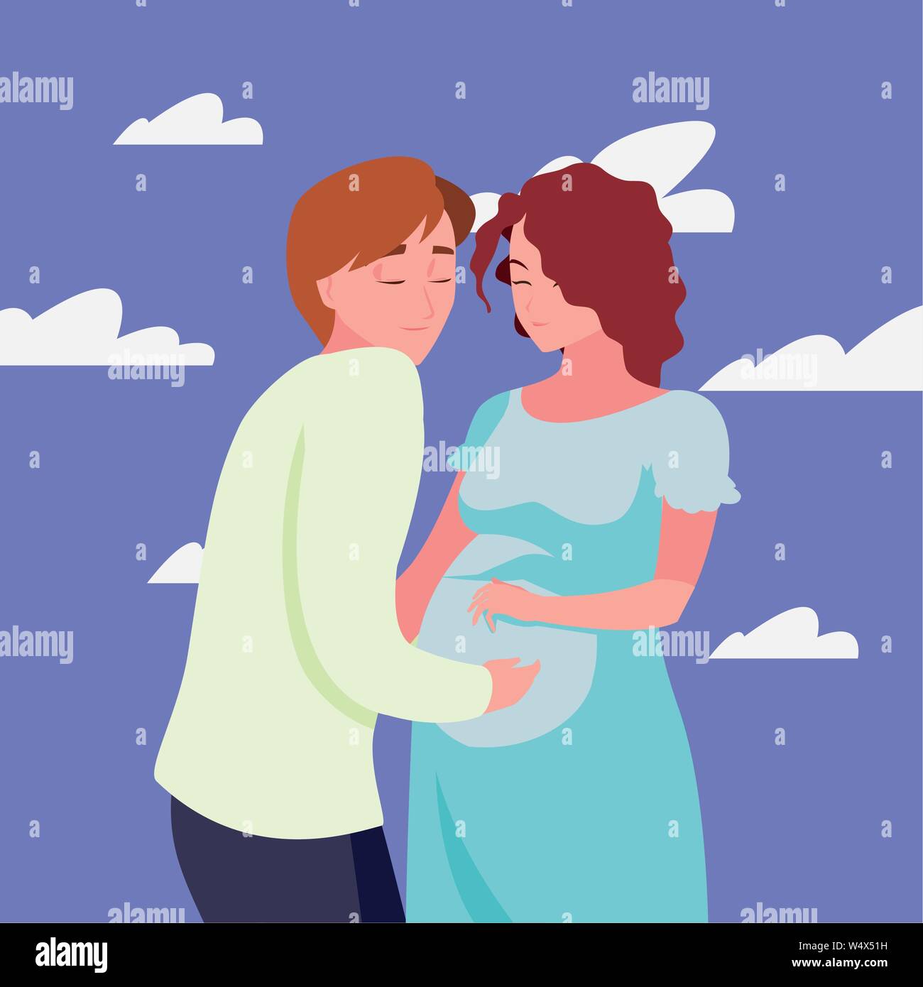 man hugs a pregnant woman sky background - pregnancy and maternity ...