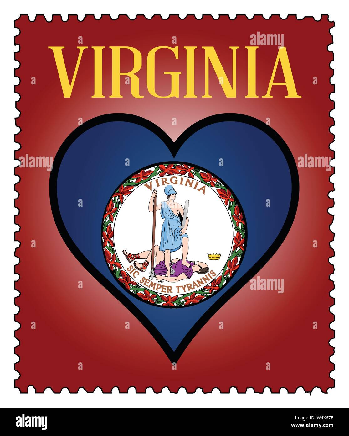 A postage stamp with a love Virginia heart and flag over a white ...