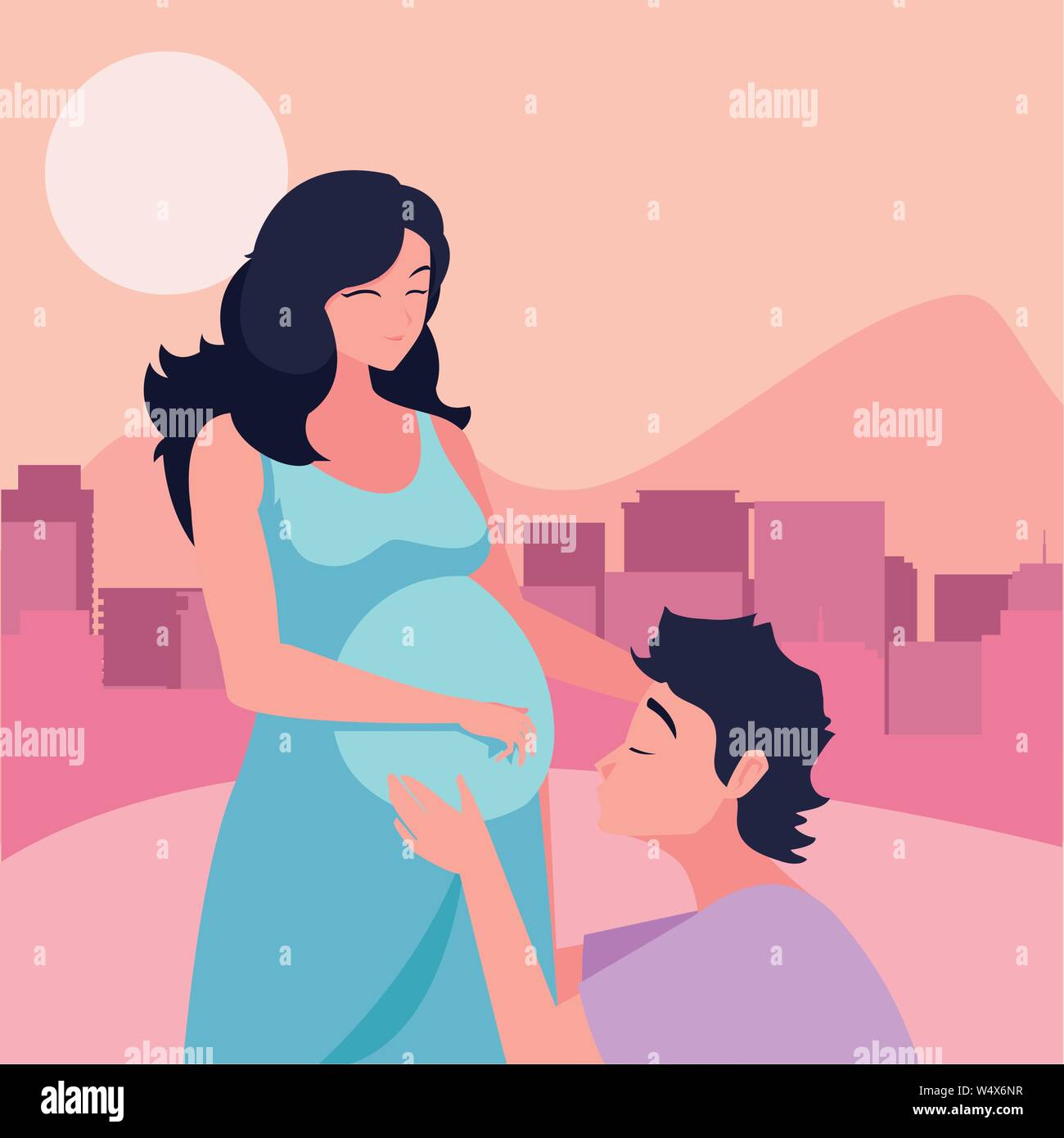 man hugs a pregnant woman in the city street - pregnancy and maternity ...