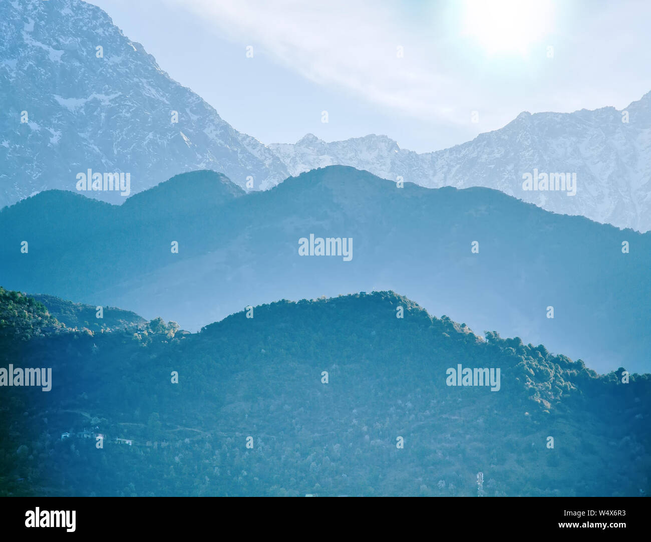 Lesser Himalayas. Mountain landscapes of spring time with peaks and ...