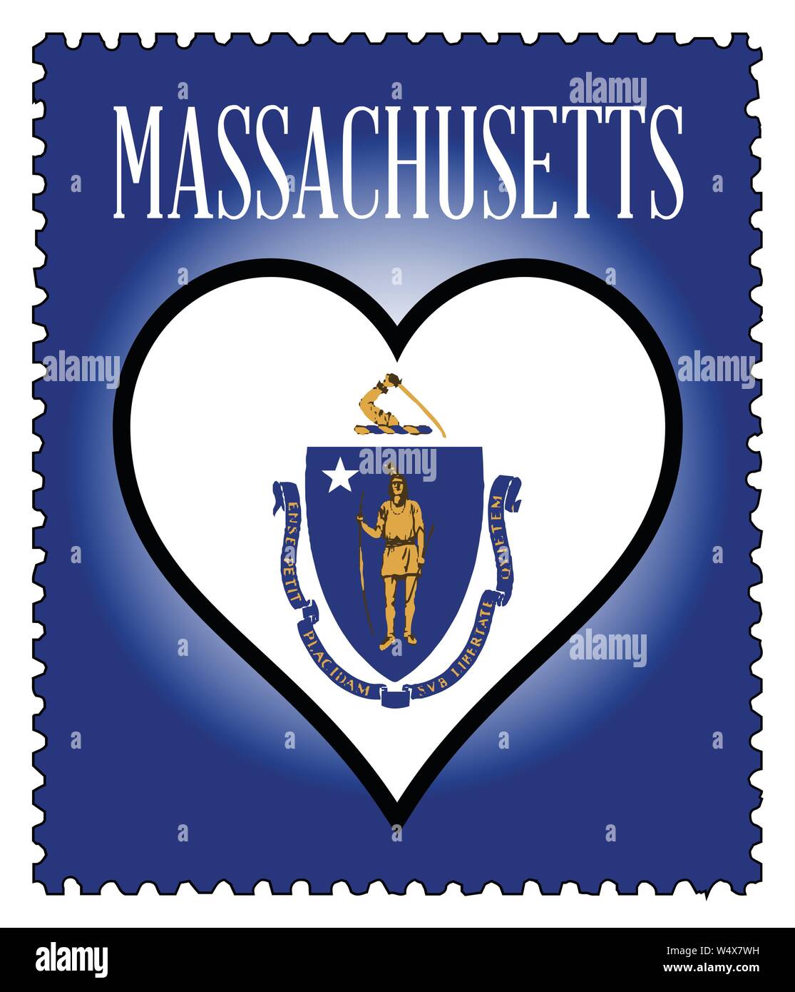 A postage stamp with a love Massachusetts heart and flag over a white ...