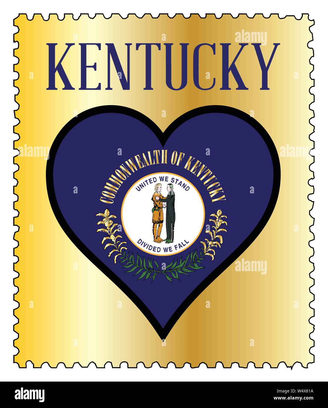 A postage stamp with a love Kentucky heart and flag over a white ...