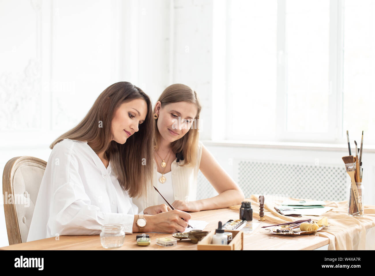 Individual drawing training. Beautiful bright studio with sunlight ...