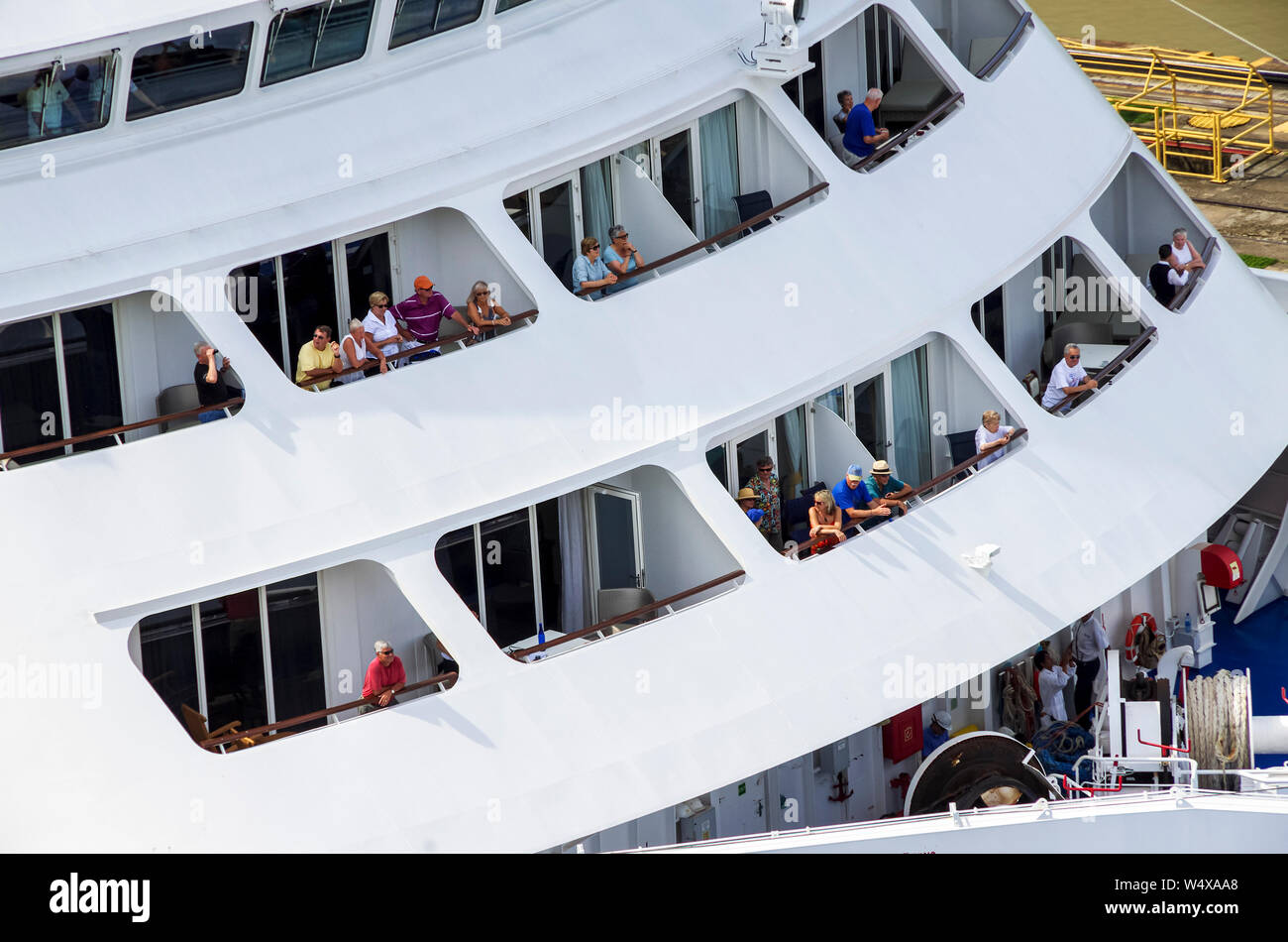 Cruise ship passengers on panama canal transit on deck waiving Stock ...