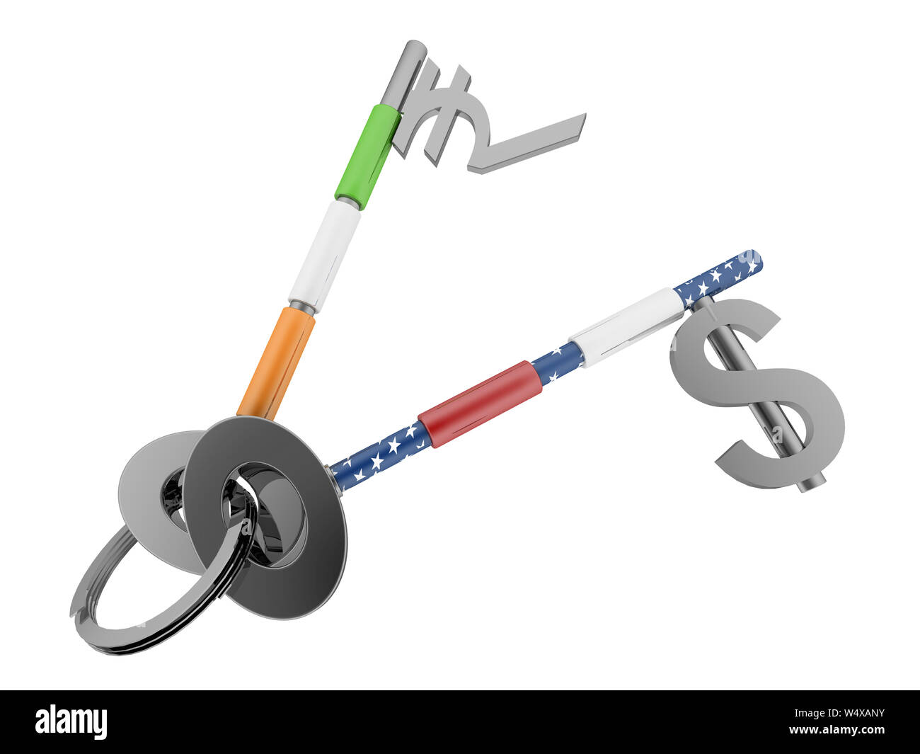 Dollar and Indian currency sign key with US and Indian flag texture on ...