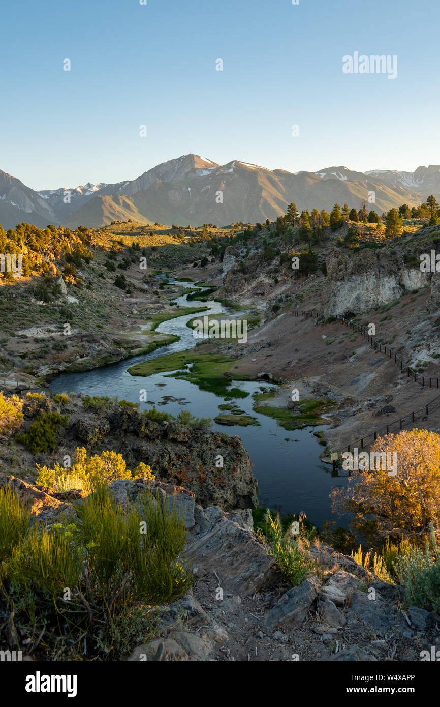 Winding bubbling river at Hot Creek Geological Site in Mammoth Lakes ...
