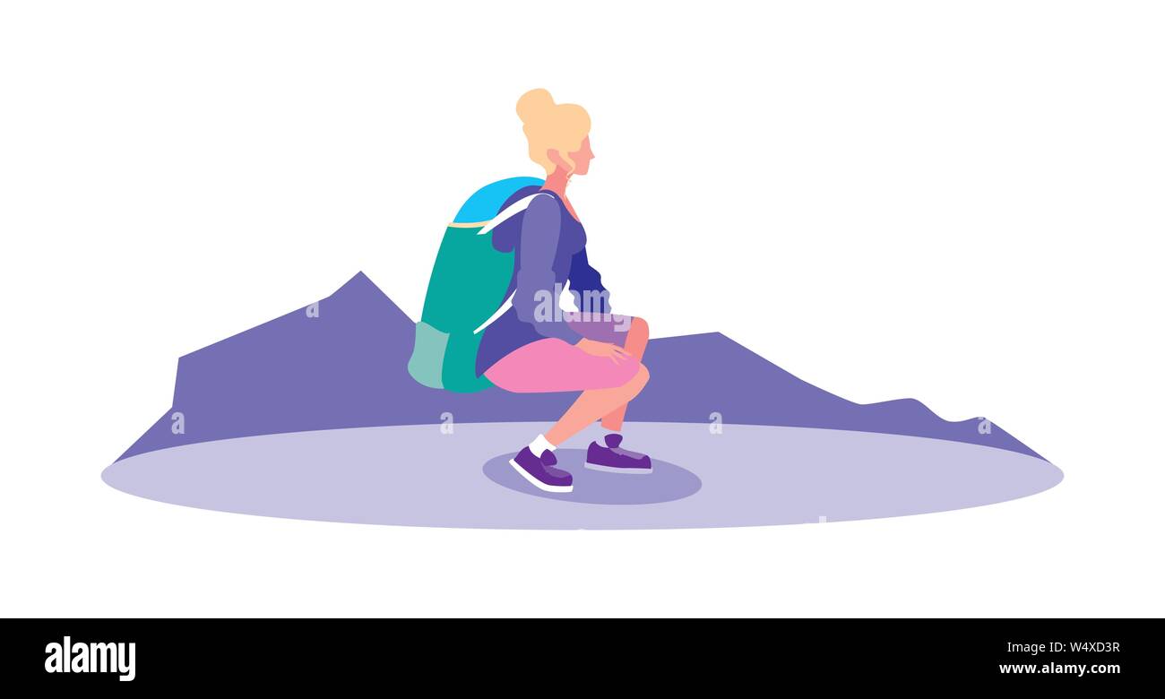 young woman backpacker in mountain landscape vector illustration Stock ...