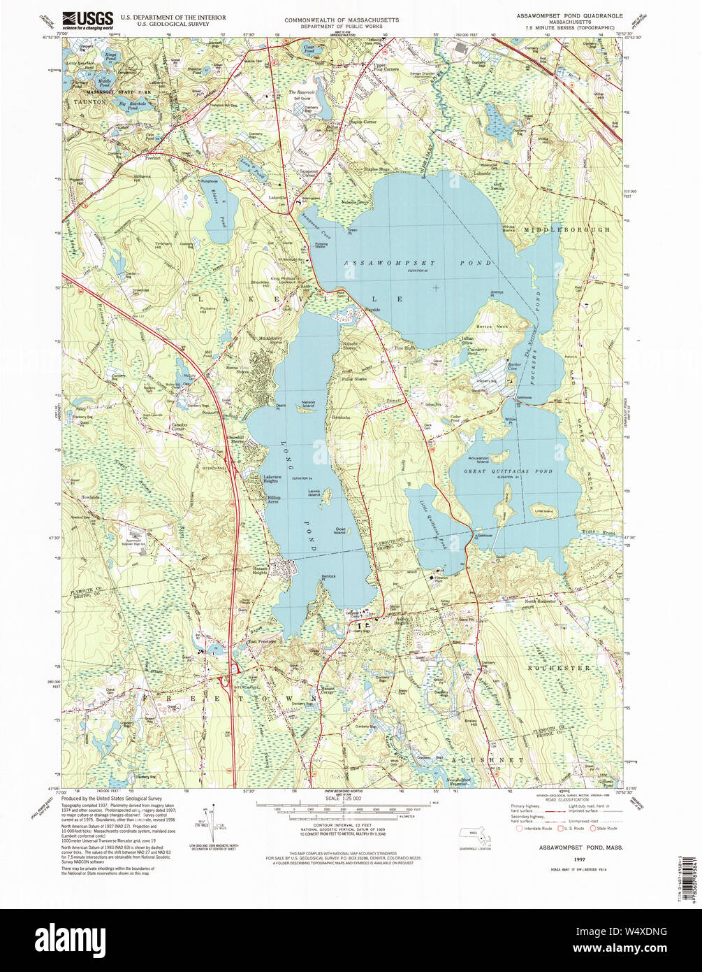 Massachusetts USGS Historical Topo Map MA Assawompset Pond 104877 1997 ...