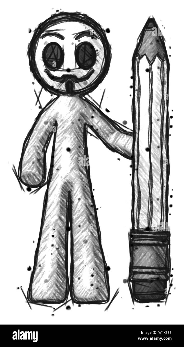 Sketch little anarchist hacker man with large pencil standing ready to ...