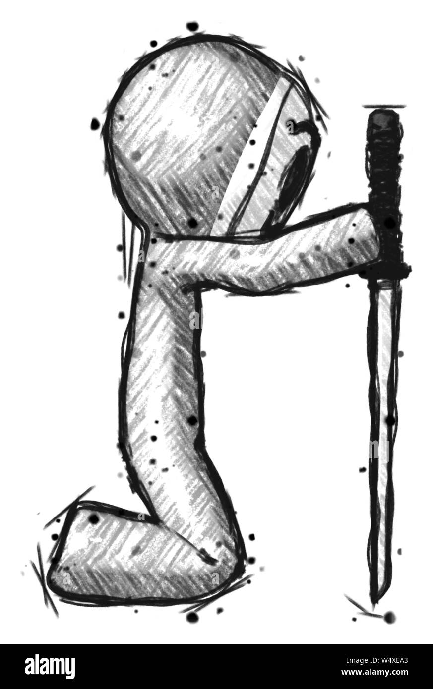 Sketch little anarchist hacker man kneeling with ninja sword katana ...