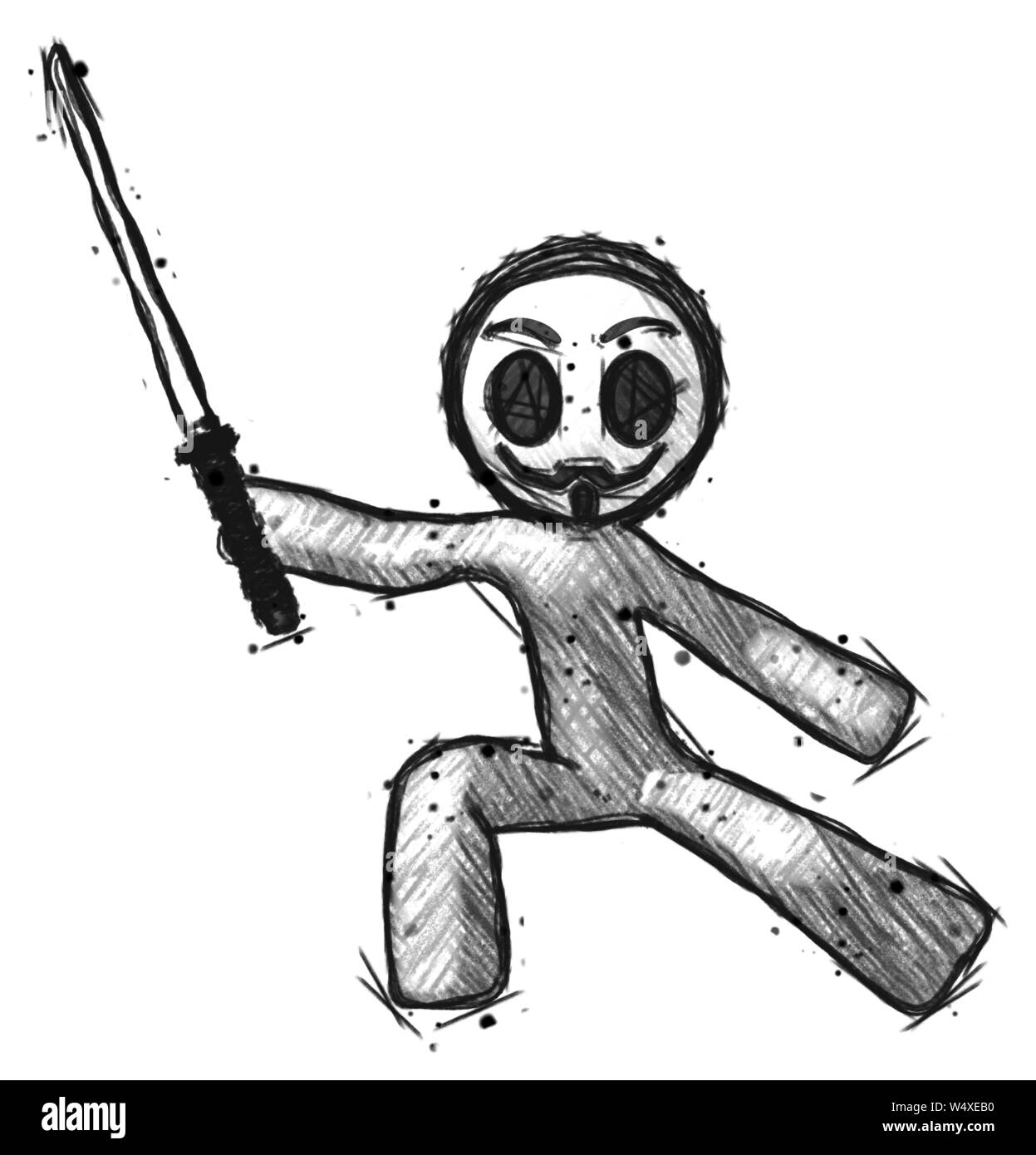 Sketch little anarchist hacker man with ninja sword katana in defense ...
