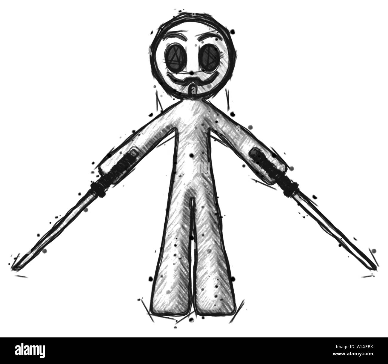 Sketch little anarchist hacker man posing with two ninja sword katanas ...