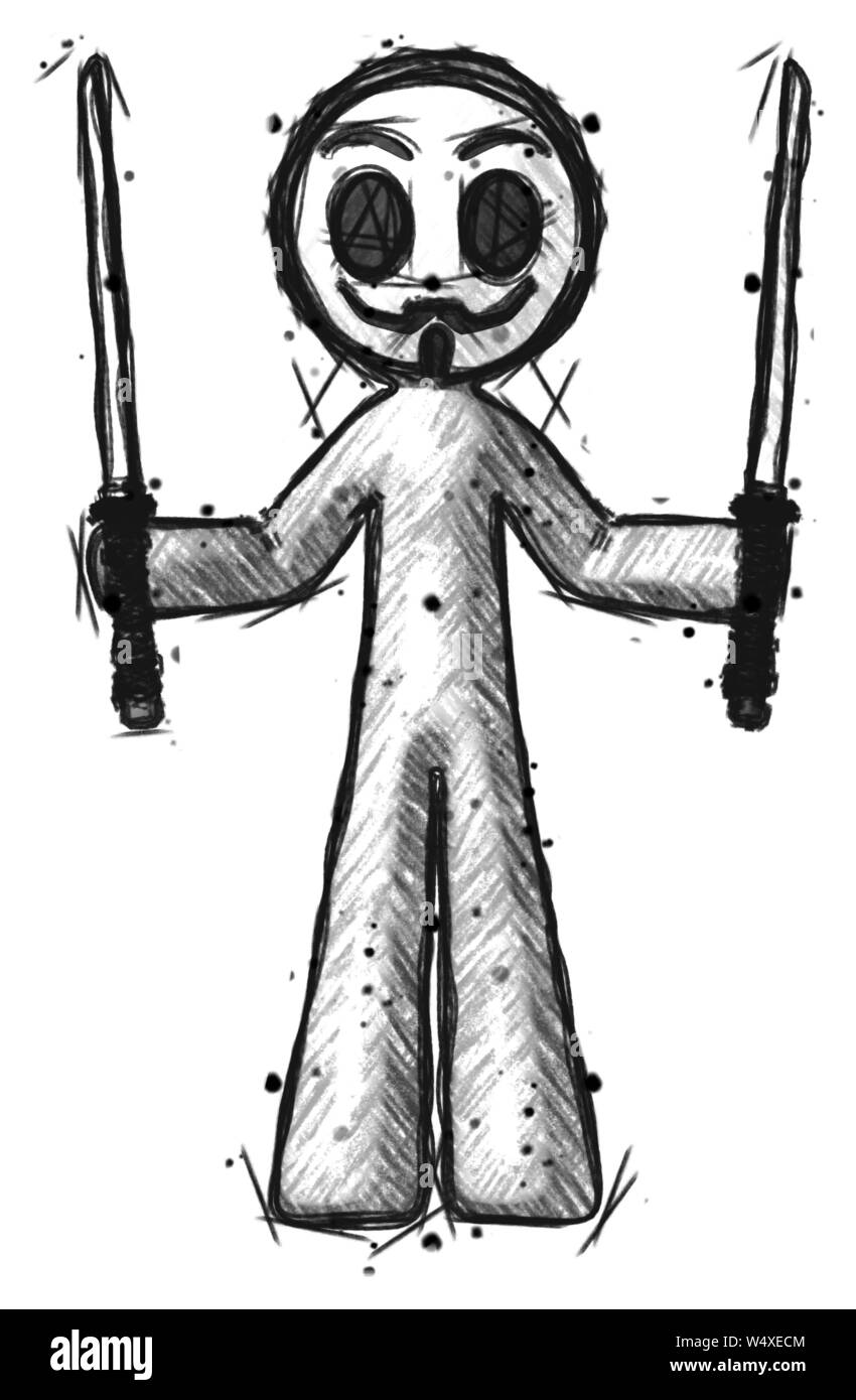 Sketch little anarchist hacker man posing with two ninja sword katanas ...