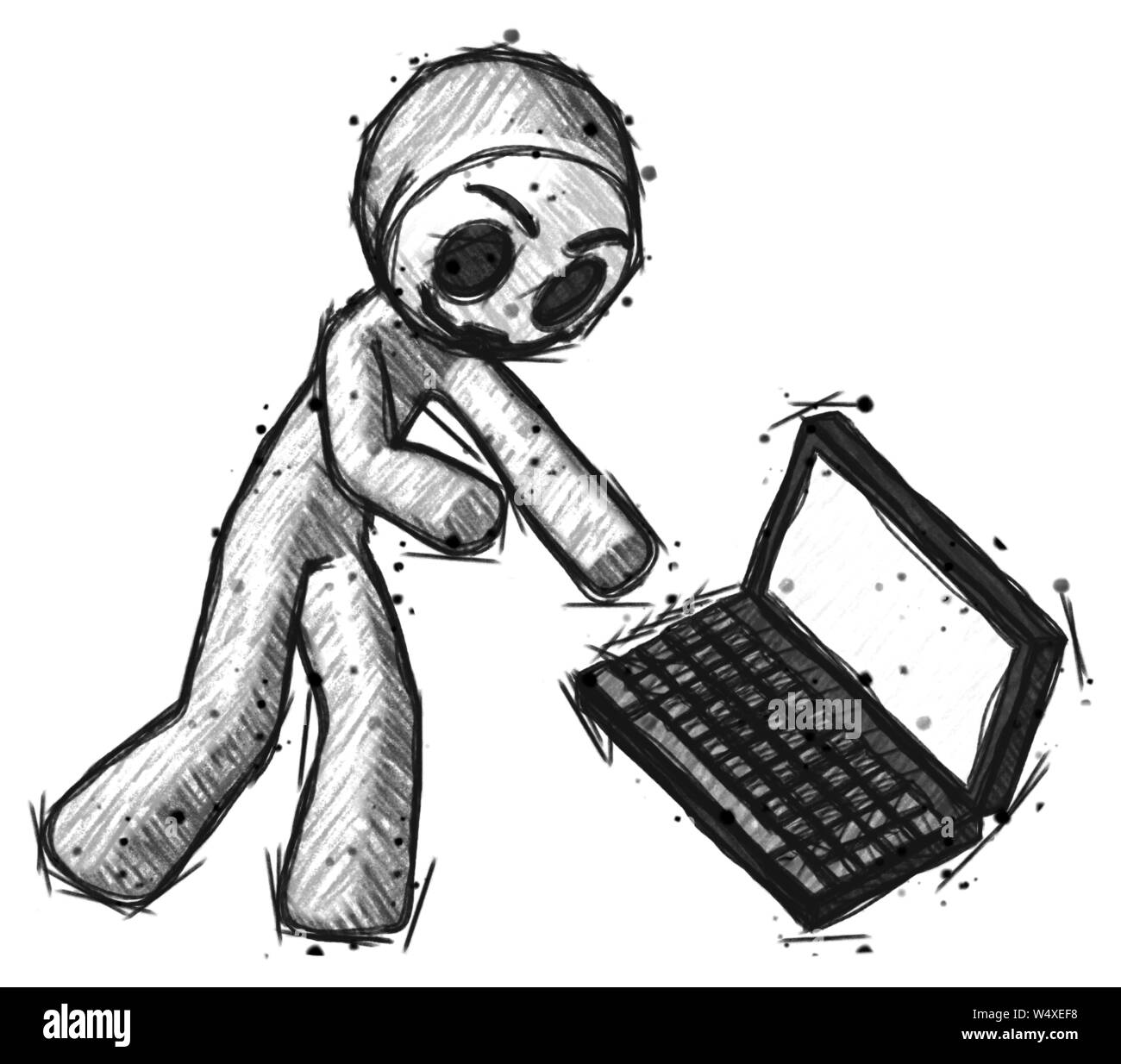 Sketch little anarchist hacker man throwing laptop computer in ...