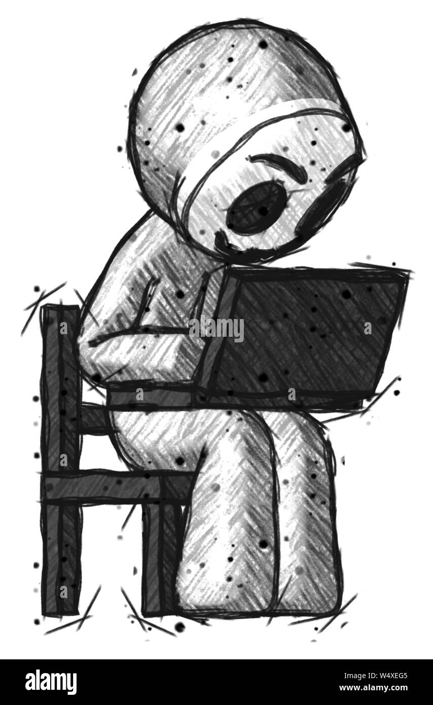 Sketch little anarchist hacker man using laptop computer while sitting ...