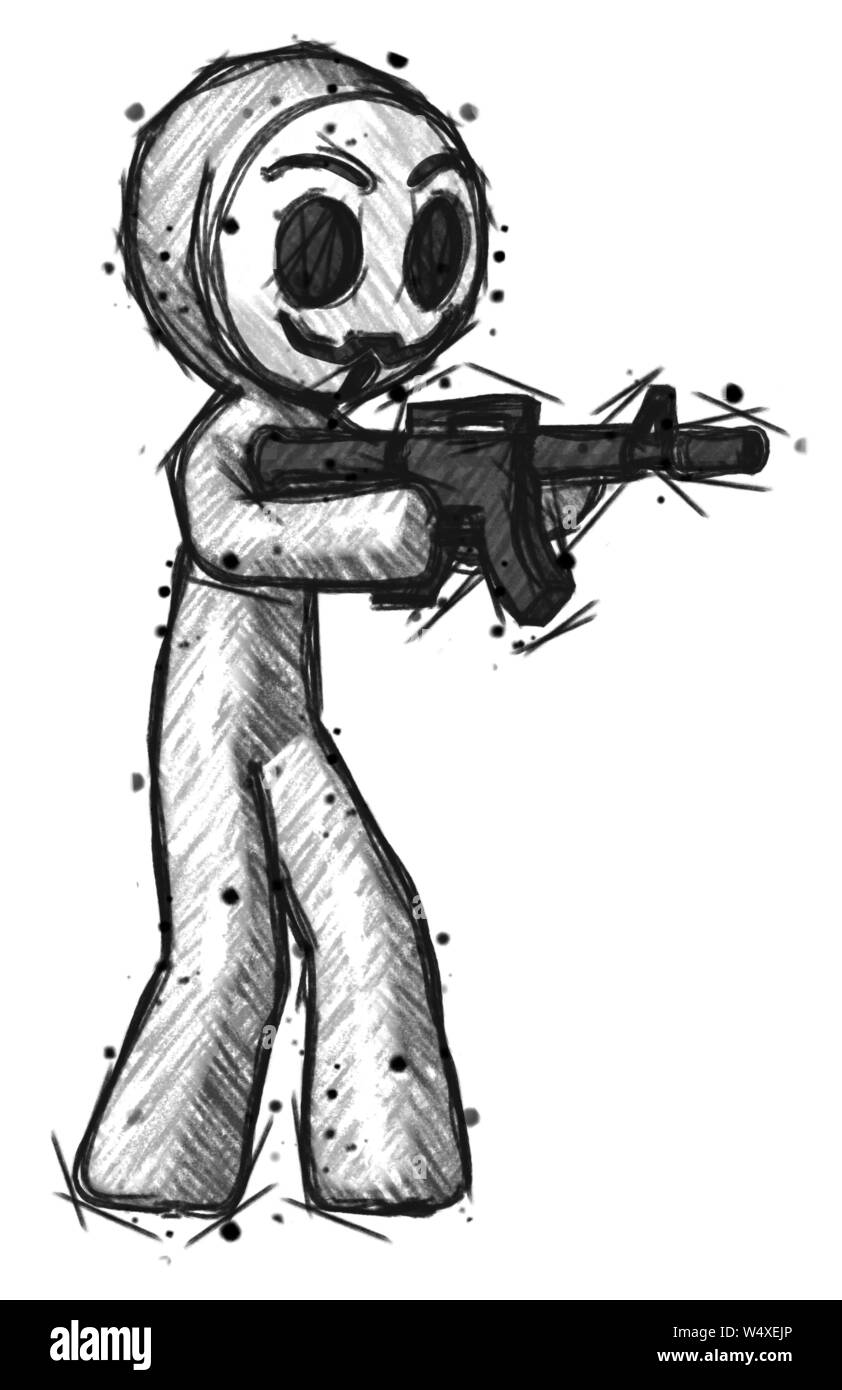 Sketch little anarchist hacker man shooting automatic assault weapon ...