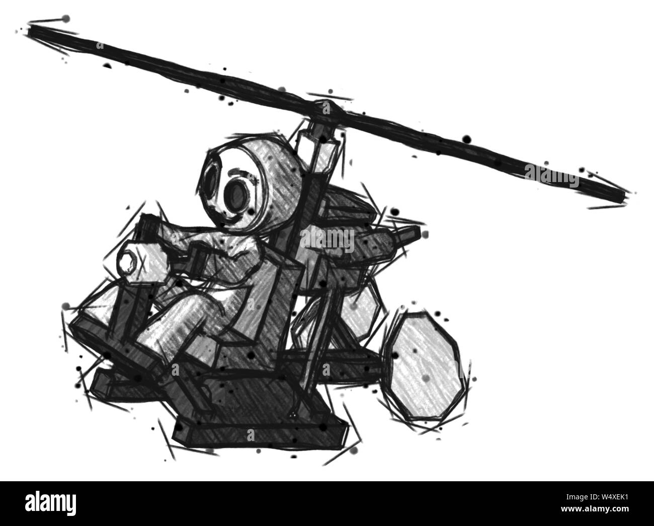 Sketch little anarchist hacker man flying in gyrocopter front side ...