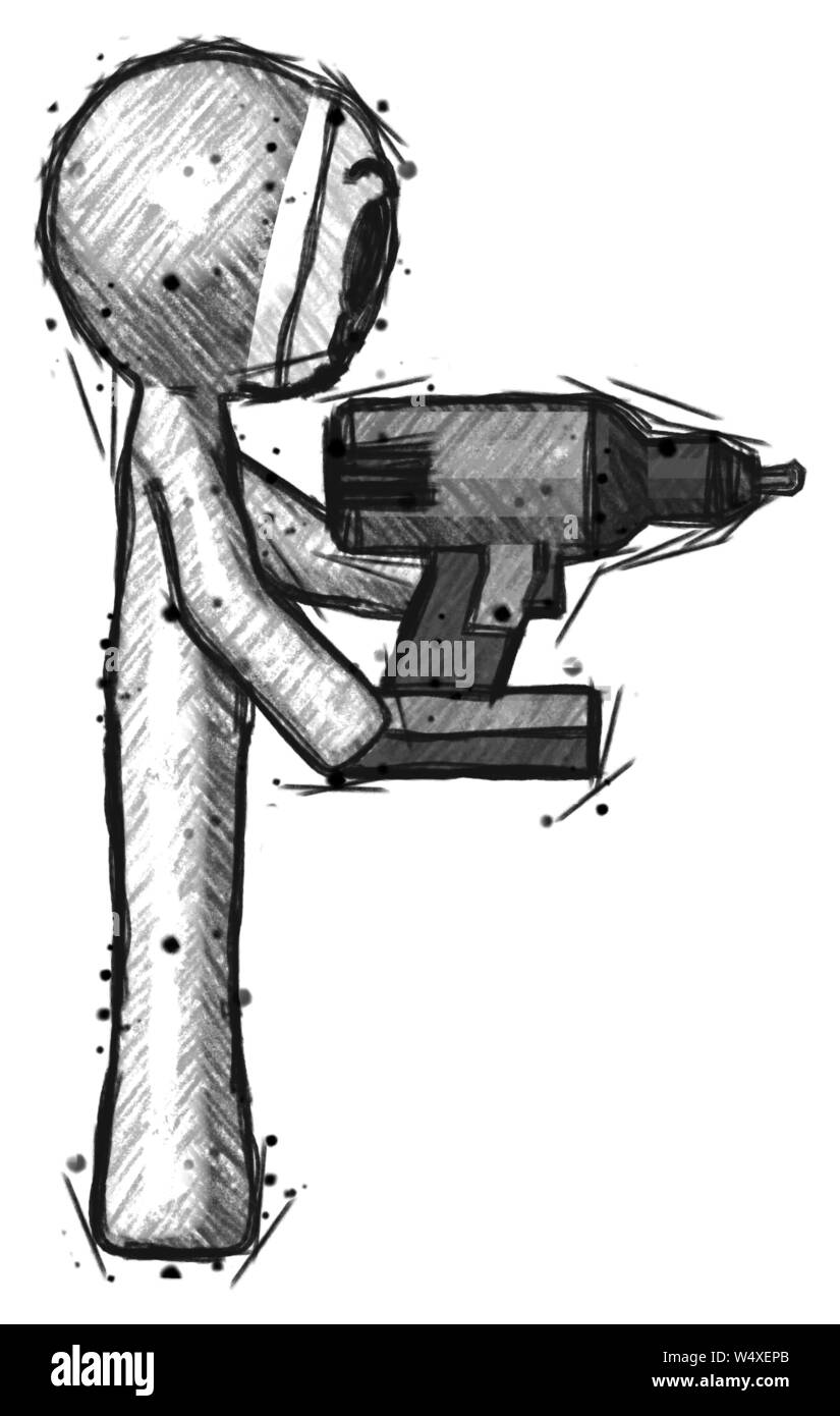 Sketch little anarchist hacker man using drill drilling something on ...