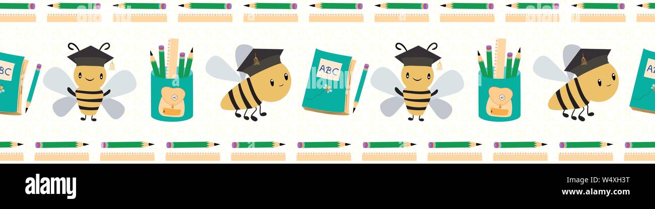 Cute going back to school border with bees, books and pencils. Seamless ...