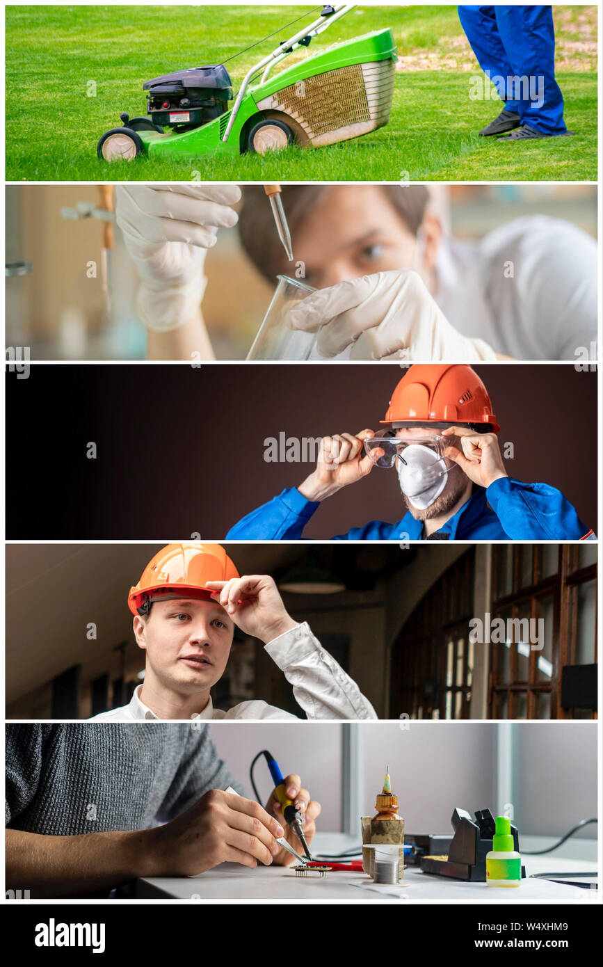 collage of five photos of people working at their daily professional ...