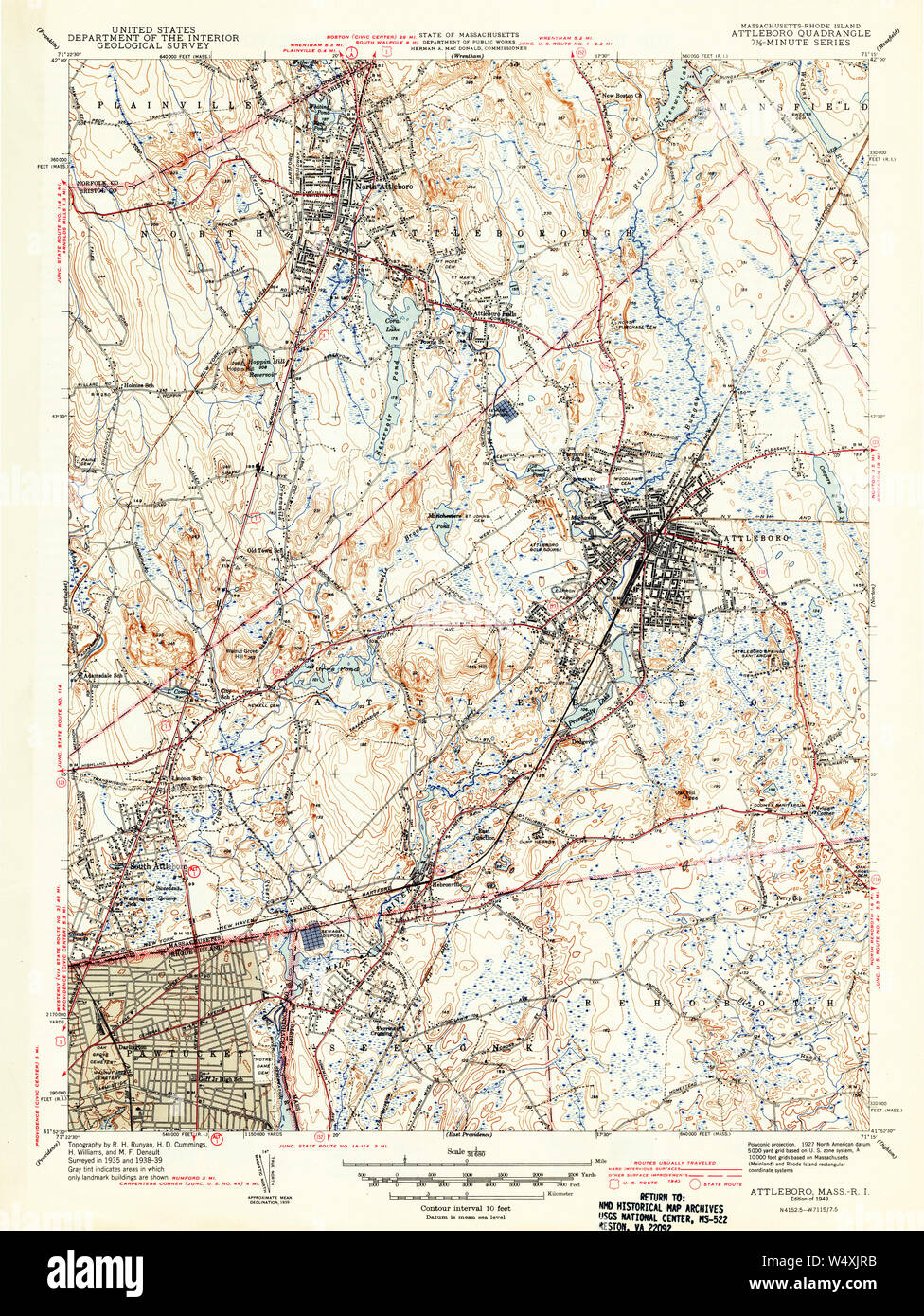 Massachusetts USGS Historical Topo Map MA Attleboro 351500 1943 31680 ...