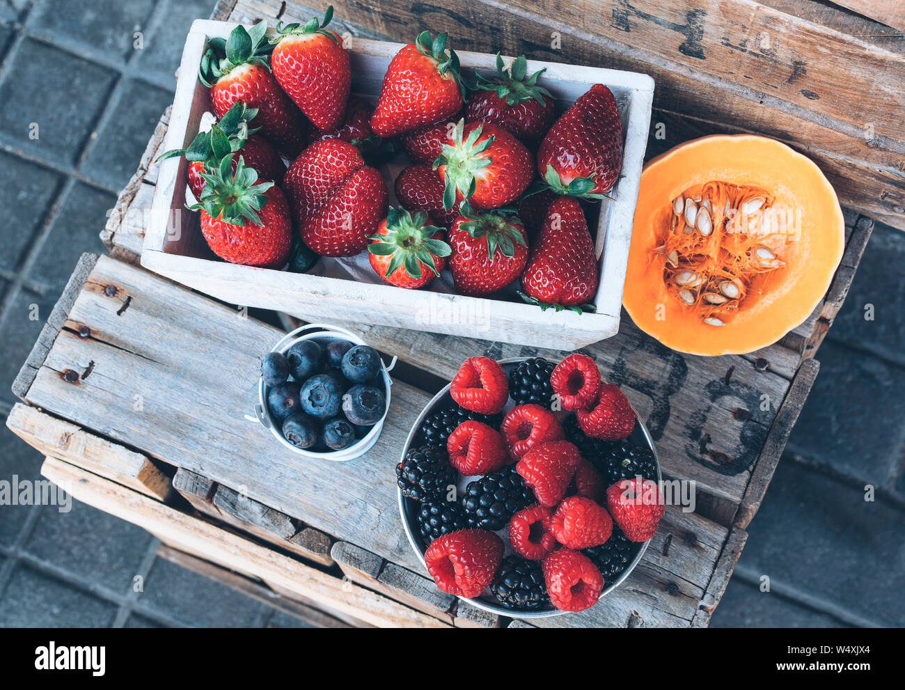 Aerial view of wild fruits and berries and pumpkin Stock Photo - Alamy