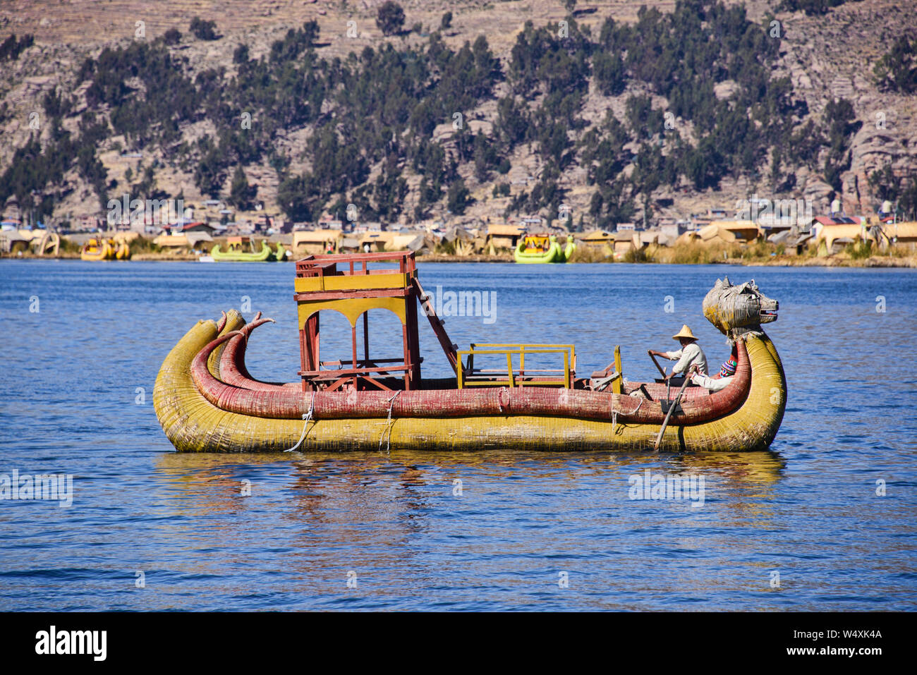 Traditional reed boat of the Uros islands, Lake Titicaca, Puno, Peru ...