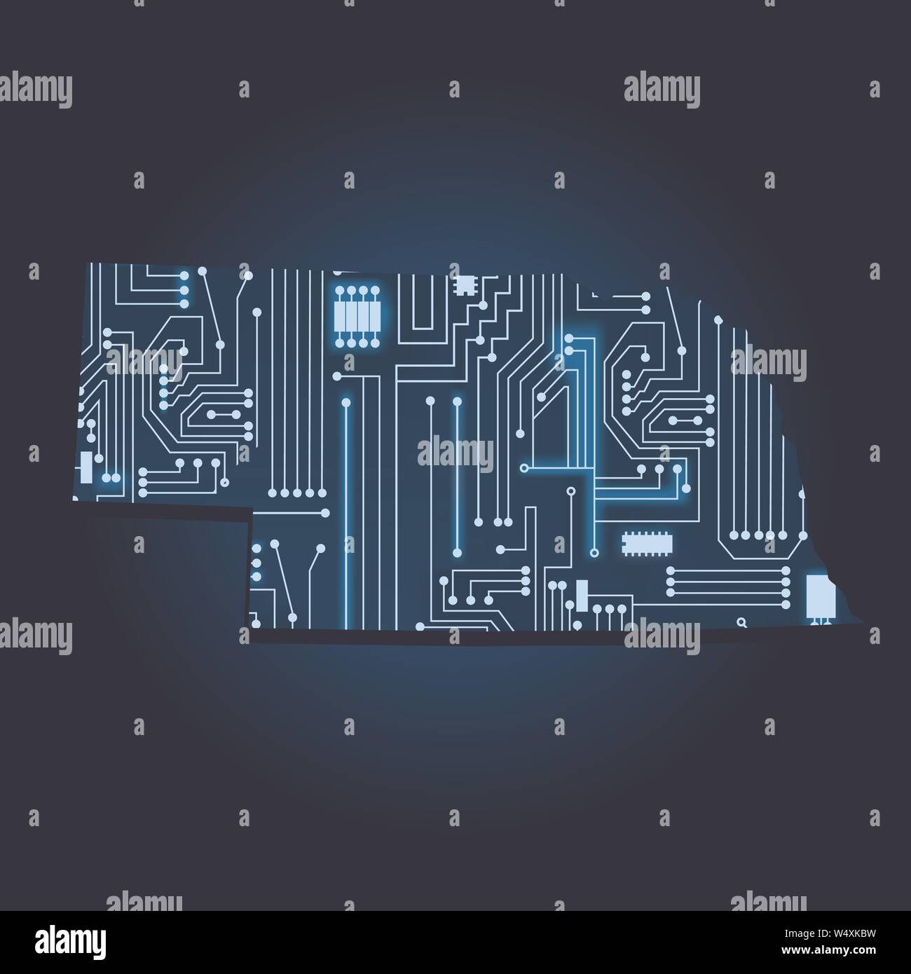 Contour map of Nebraska with a technological electronics circuit. USA ...