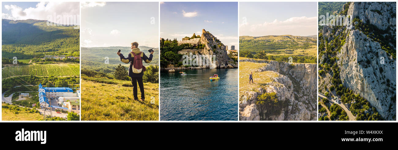 collage of five photos of mountain aerial landscapes scenery Stock ...