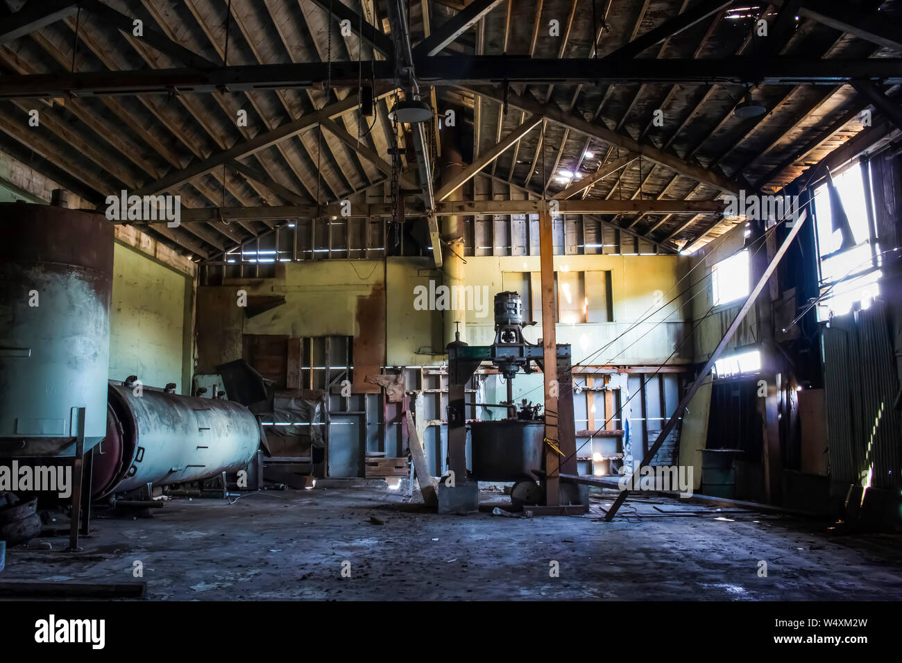 Interior of abandoned historic cannery building in Monterey, California ...