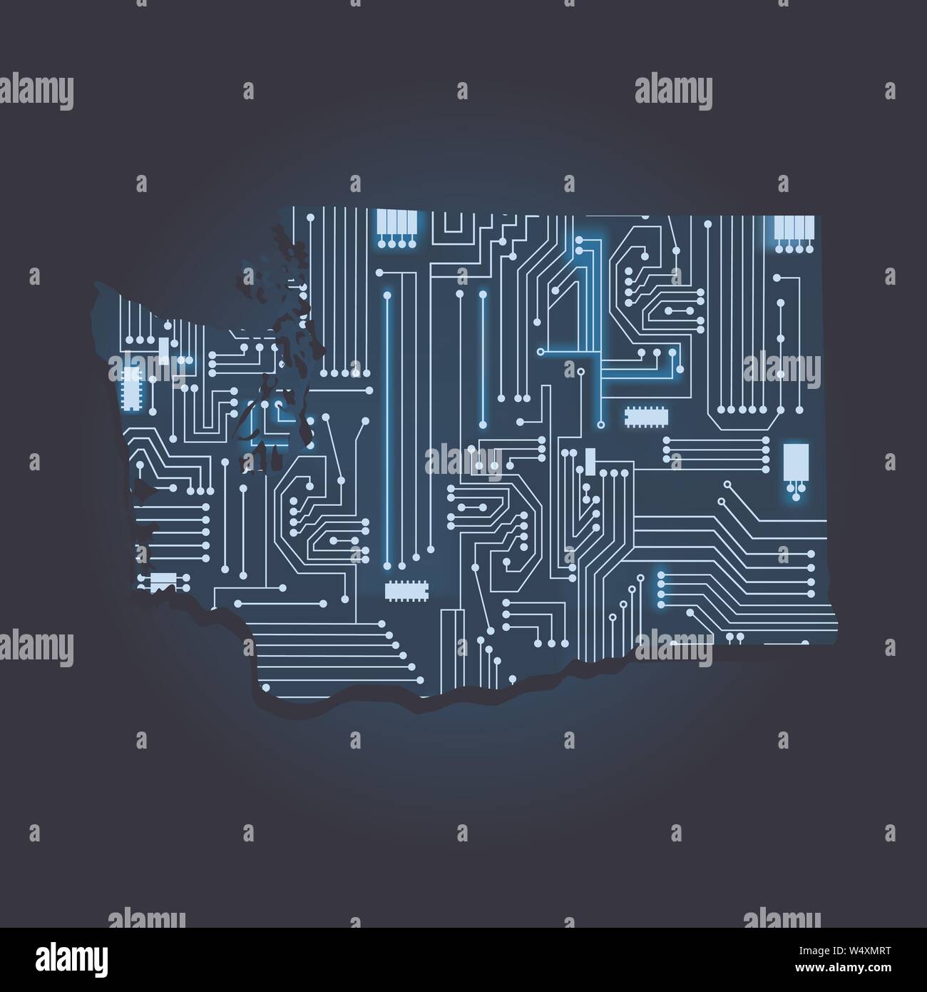 Contour map of Washington with a technological electronics circuit. USA ...