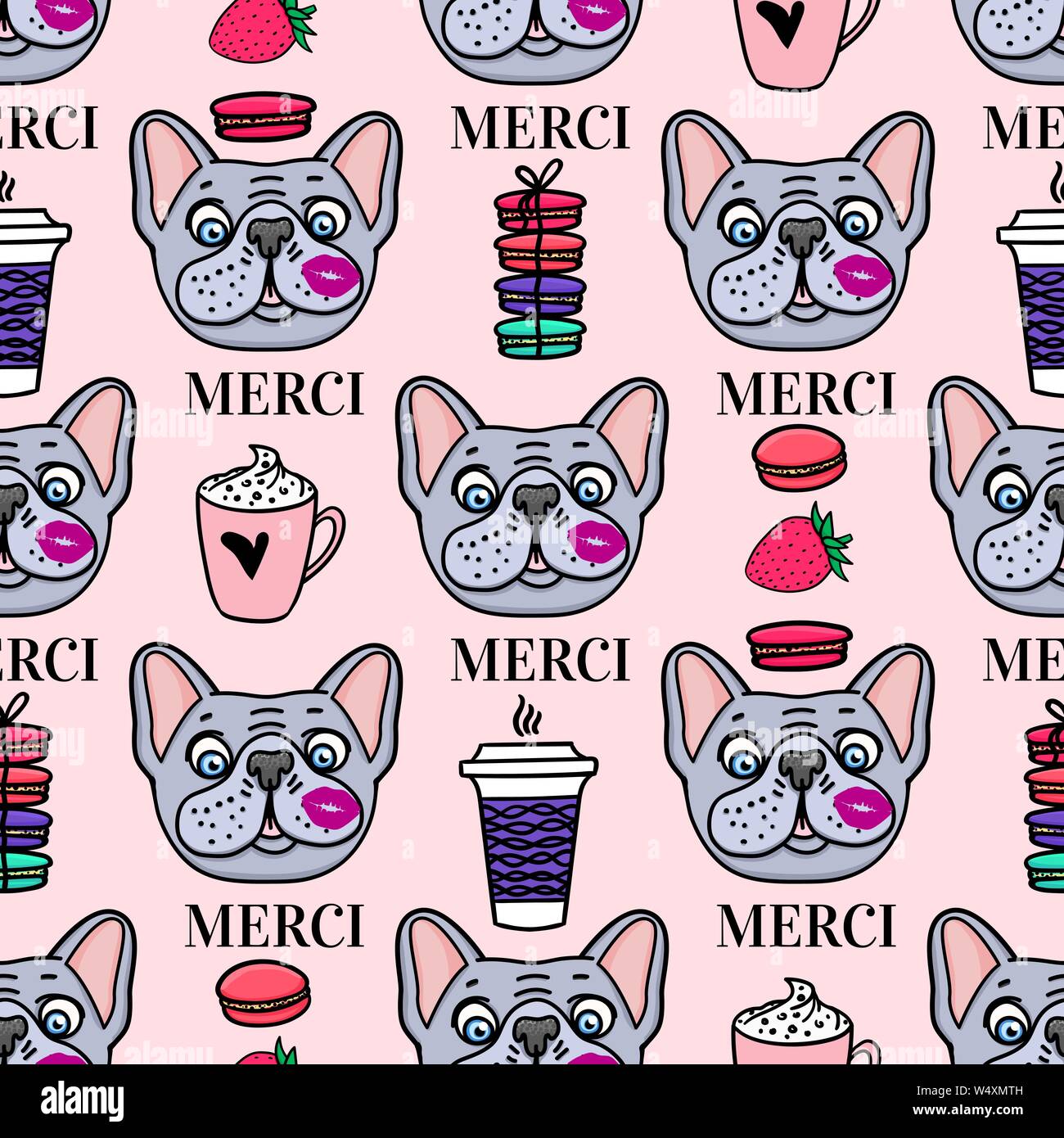 Vector French Bulldog with a mug of coffee and macaroons french style ...