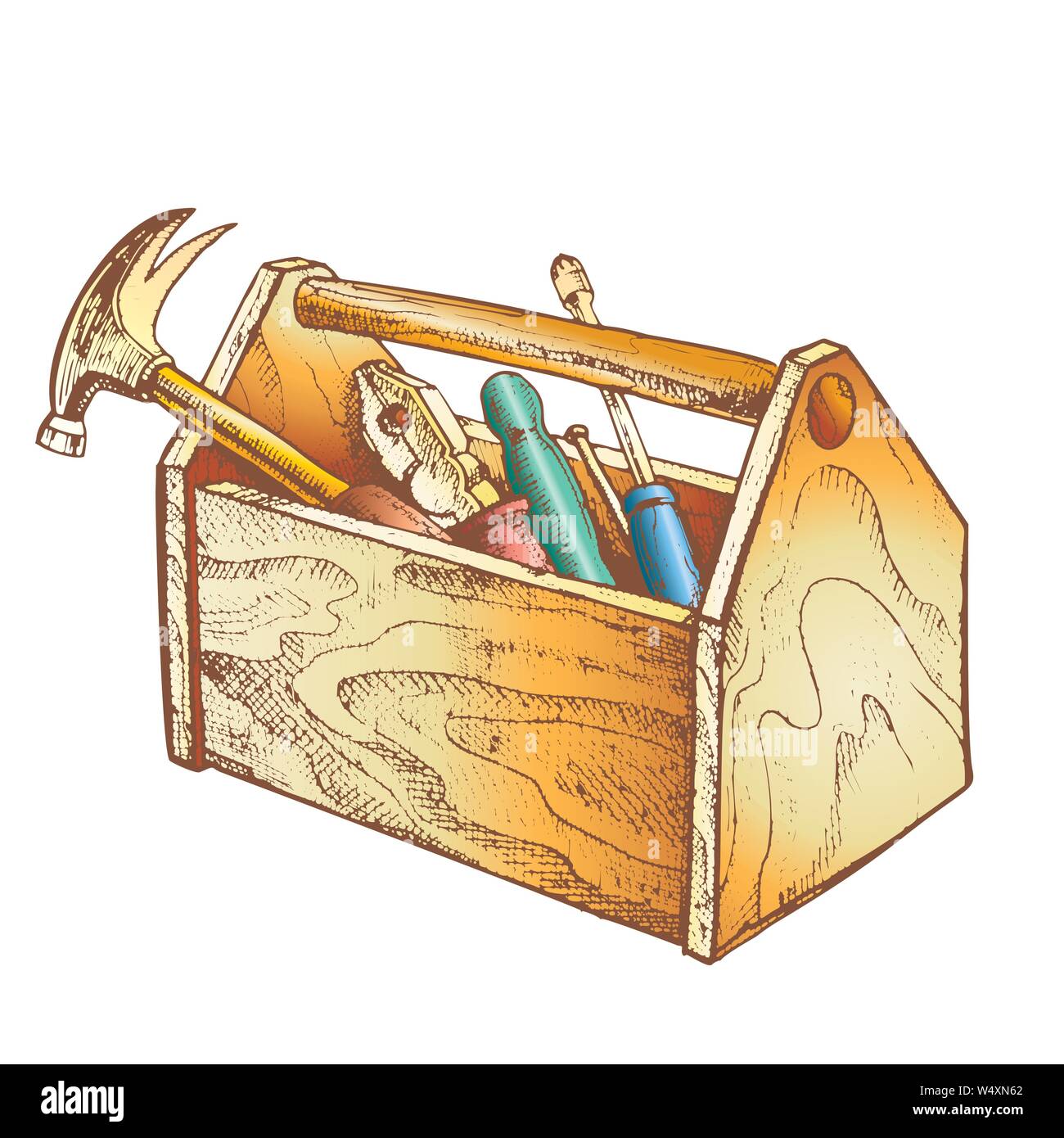 Color Vintage Wooden Toolbox With Old Instrument Vector Stock Vector ...