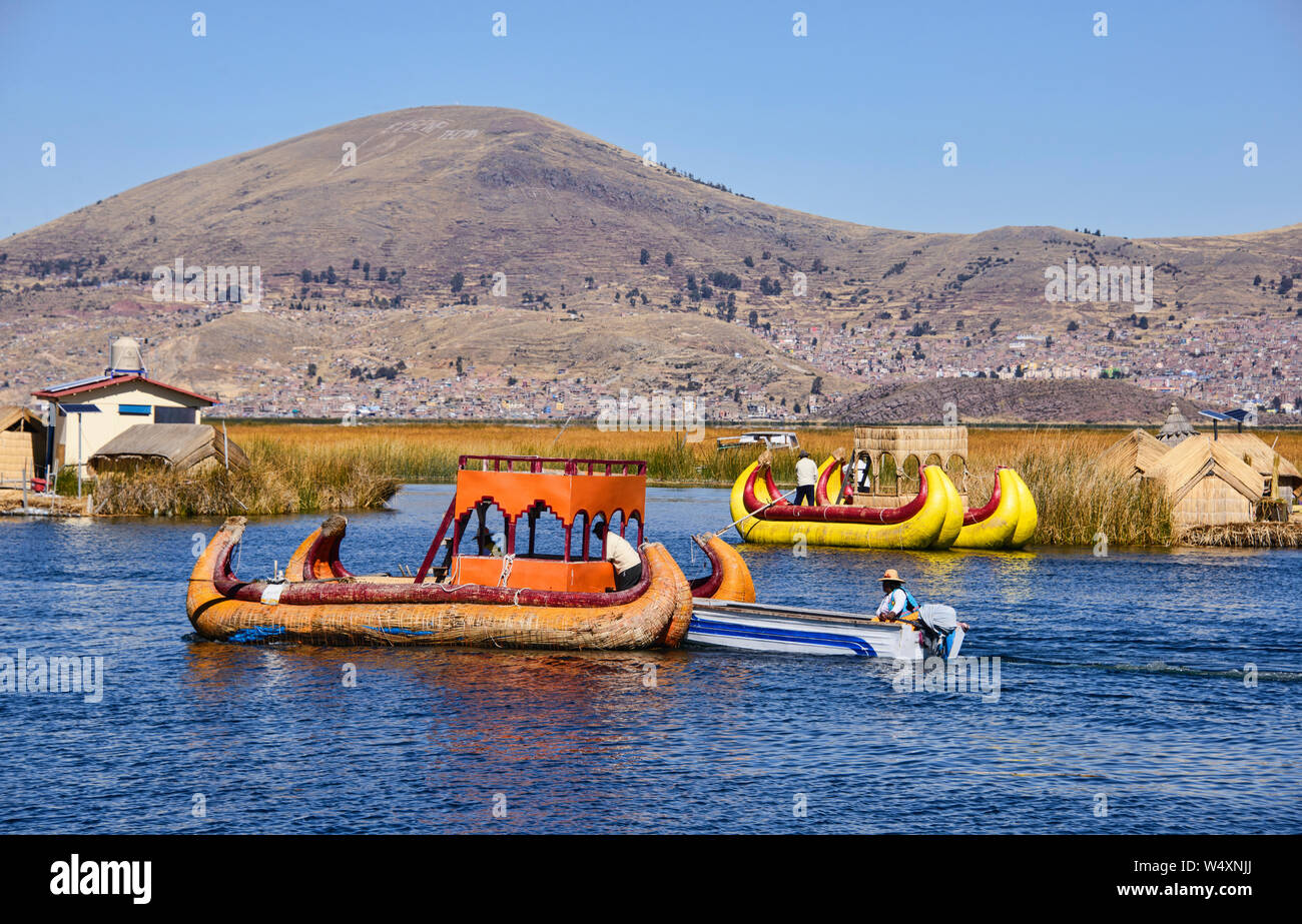 Traditional reed boat of the Uros islands, Lake Titicaca, Puno, Peru ...
