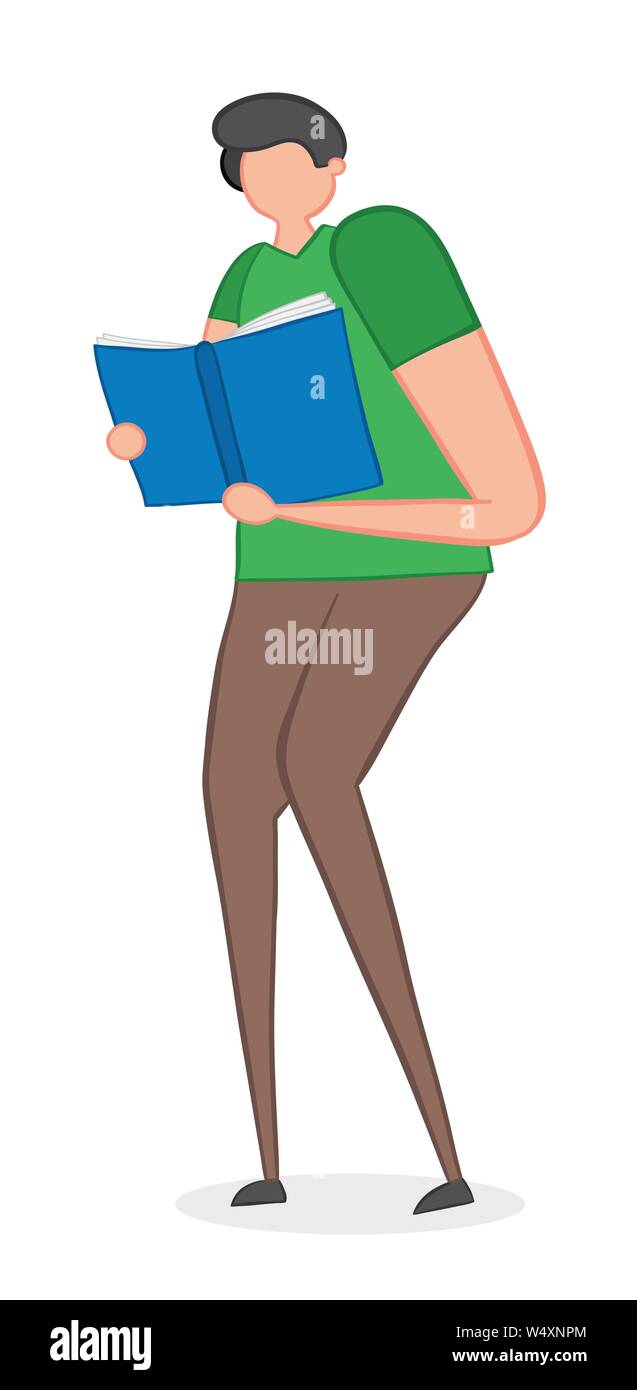 Man standing and reading book, hand-drawn vector illustration. Color ...