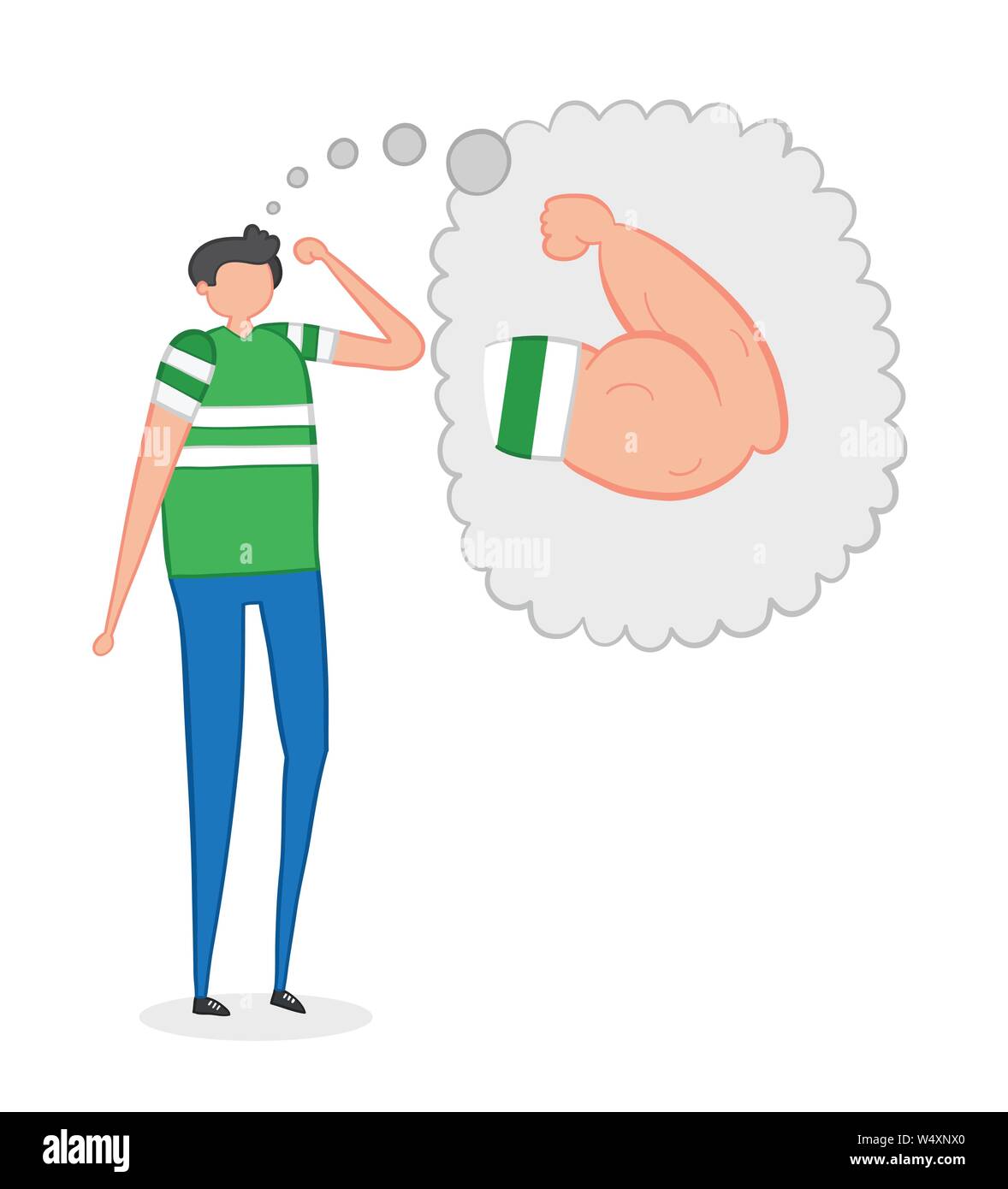 The weak man dreams of having muscular arms, hand-drawn vector ...