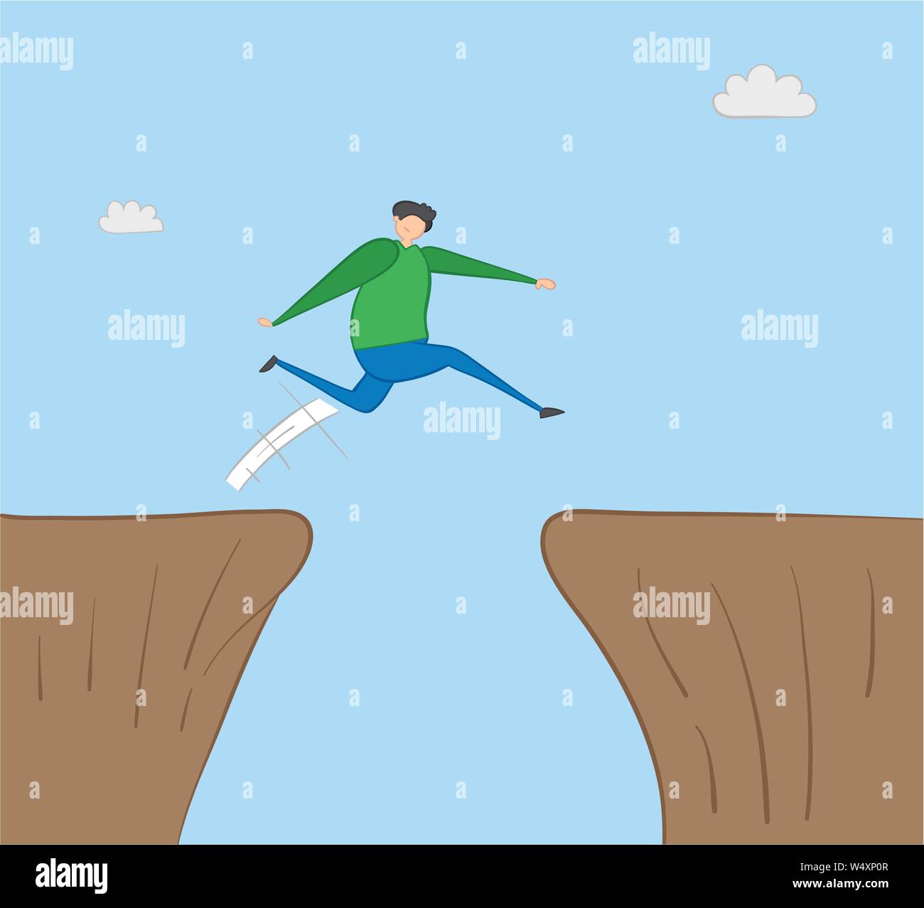 Man jumping over abyss, hand-drawn vector illustration. Color outlines ...