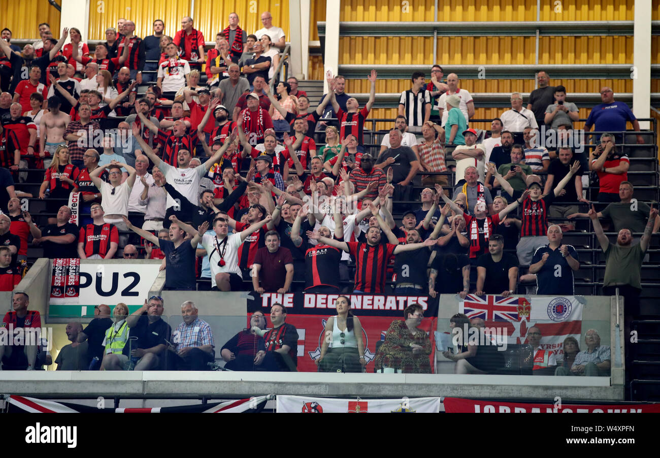 Crusaders' fans during the Europa League Qualifying match at Molineux ...