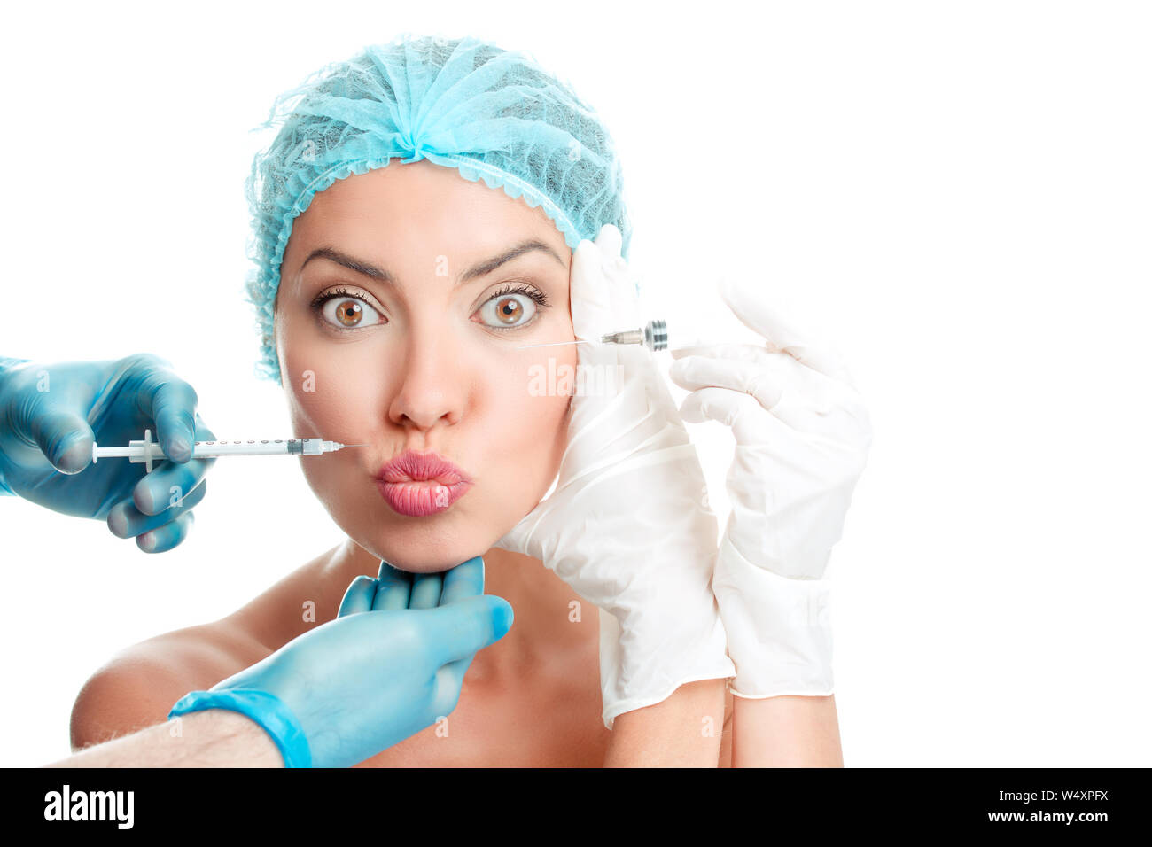 Plastic face correction. Close up portrait funny beautiful woman ...