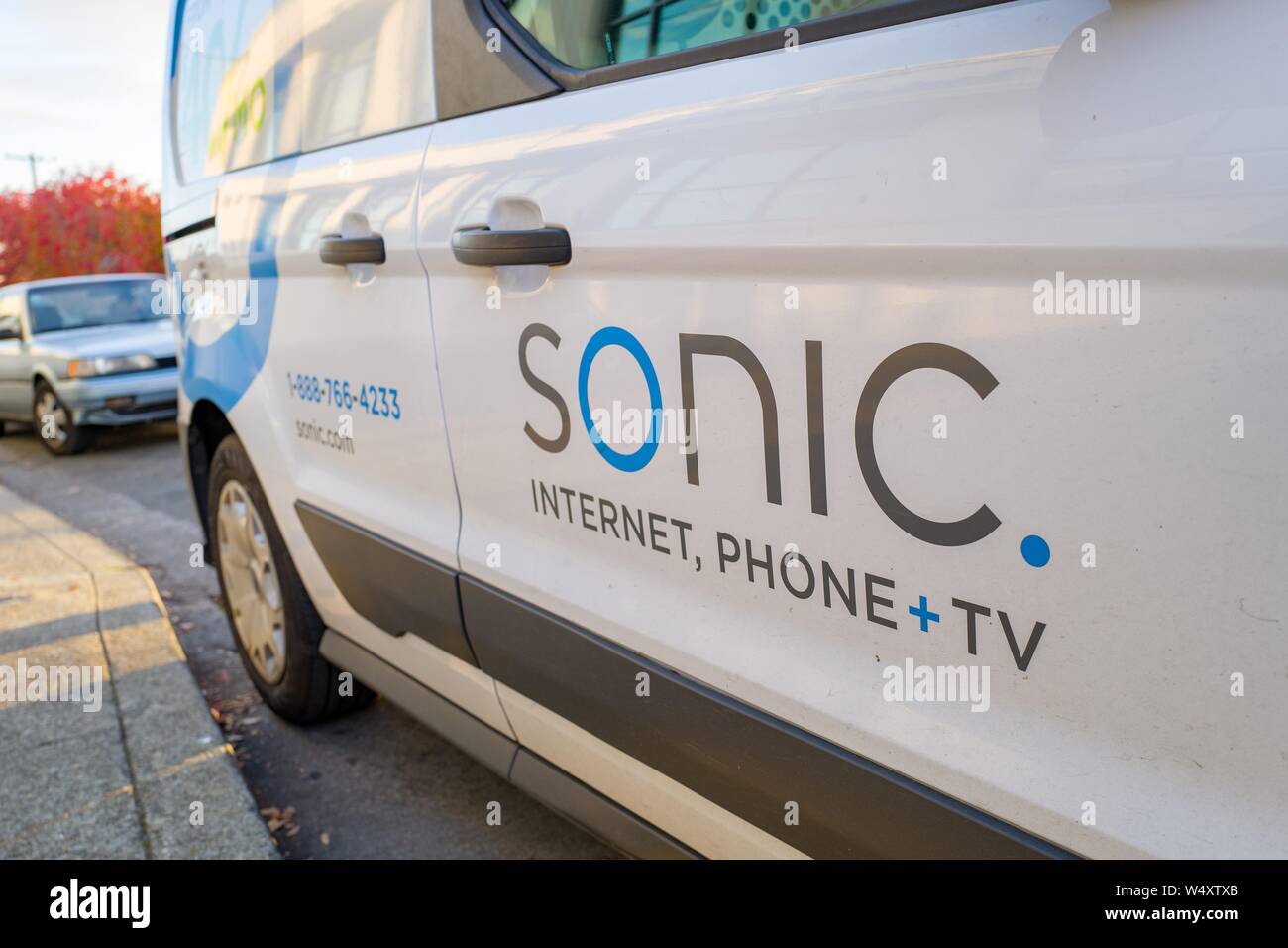 Side view of logo on vehicle for cable provider and ISP Sonic in Berkeley, California, December ...