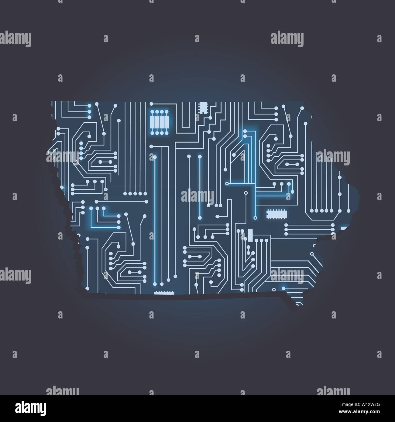 Contour map of Iowa with a technological electronics circuit. USA state ...