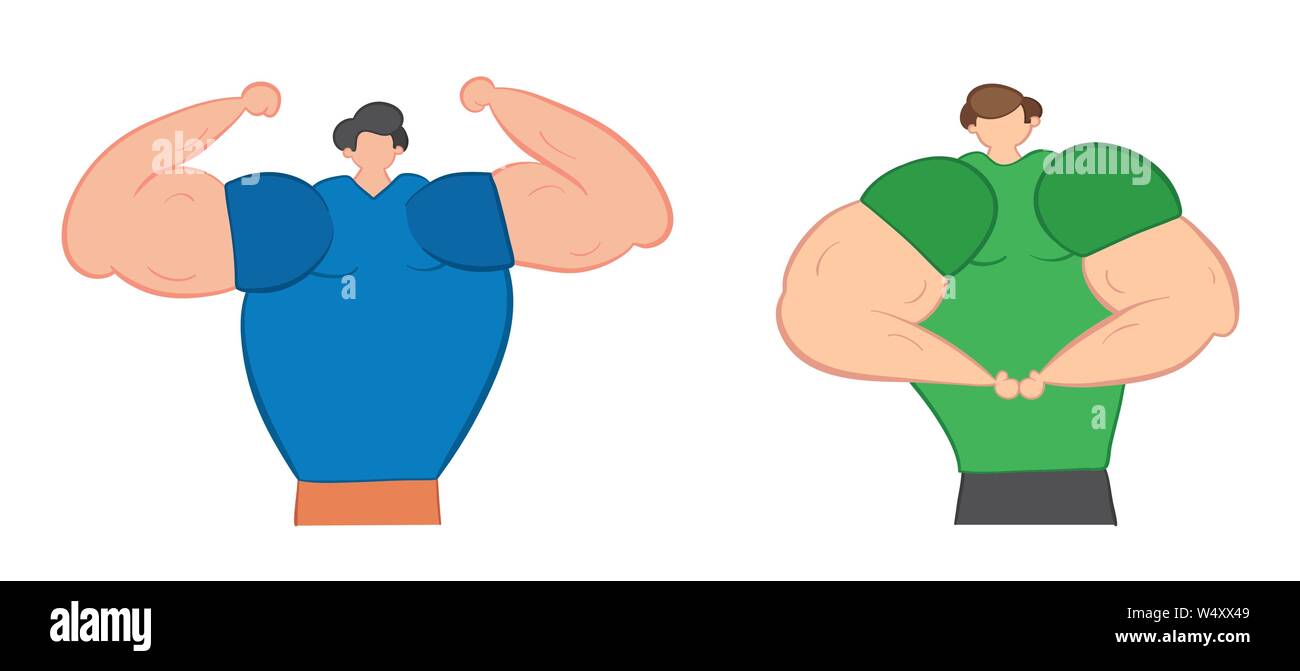 Muscular men show their muscles, hand-drawn vector illustration. Color ...