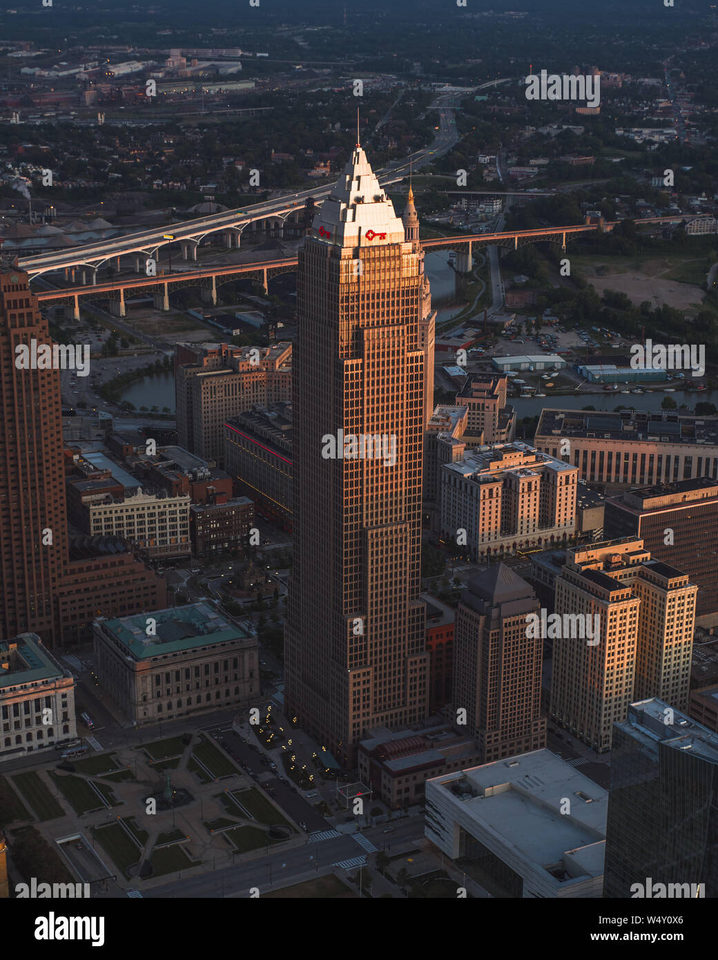 Aerial view of the Cleveland skyline from a helicopter at sunset Stock ...