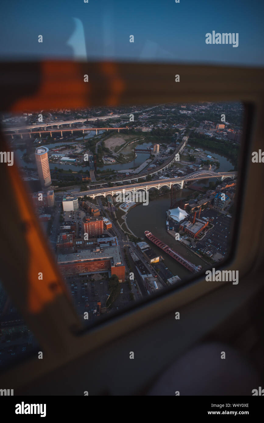 Aerial view of the Cleveland skyline from a helicopter at sunset Stock ...